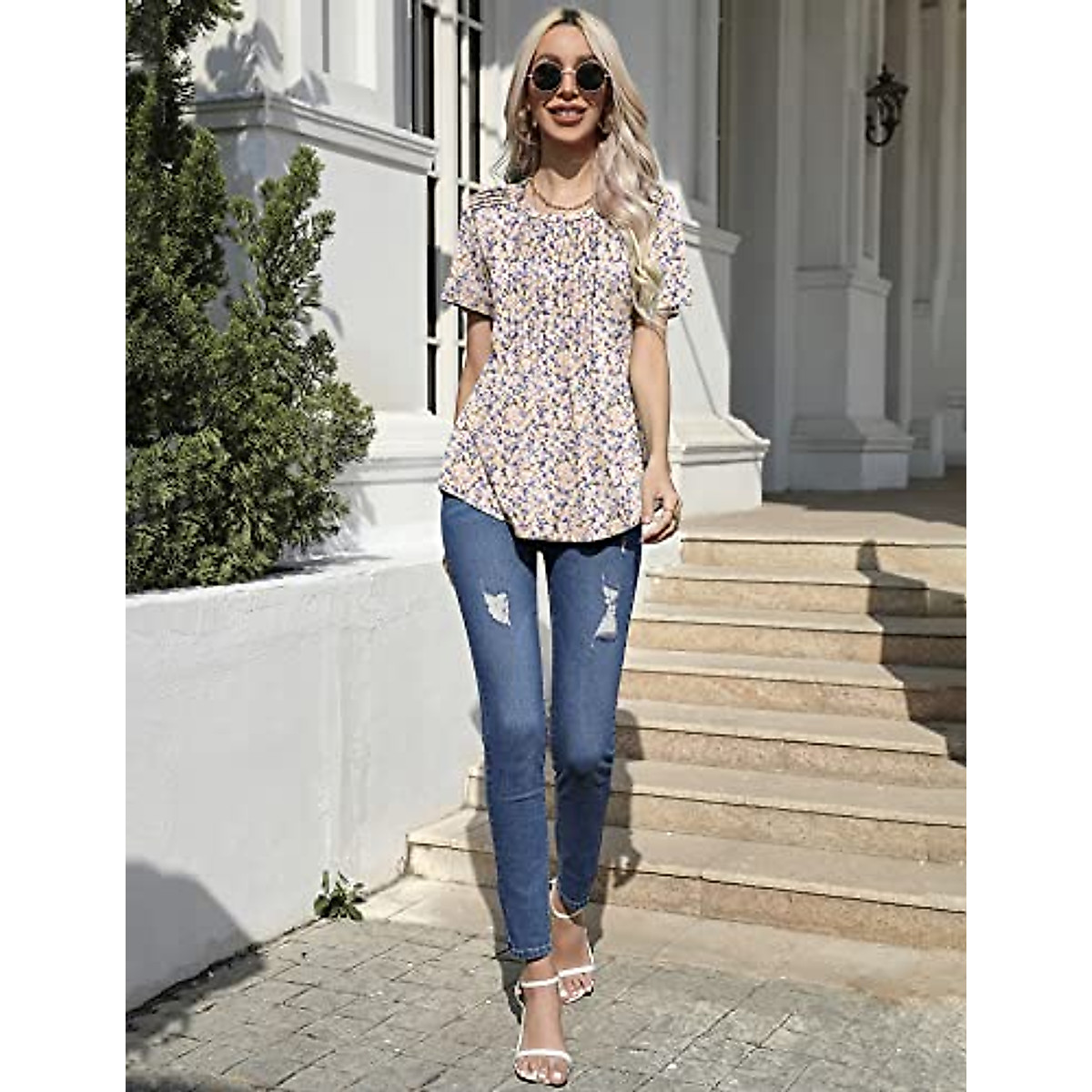 Widmile Womens Tunic Tops Crew Neck Short Sleeve Shirts Fashion Casual Pleated Pullover Blouses to Wear with Leggings Floral Pink,L