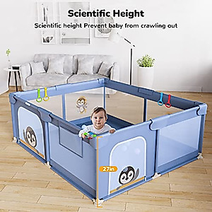 Baby Playpen for Babies and Toddlers, 71 x 59 inch Extra Large Baby Fence with Unique Little Penguin Character Design, Li'l Pengyu Soft Breathable Mesh Baby Playard for Indoor & Outdoor (Blue)