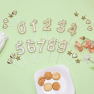 1 Set of 3inch Birthday Candles, Including 1 Crown Cake Main Numeral Candles, 2 Star Candles and 2 Heart Candles for Birthday Anniversary Parties (Gold, 5)