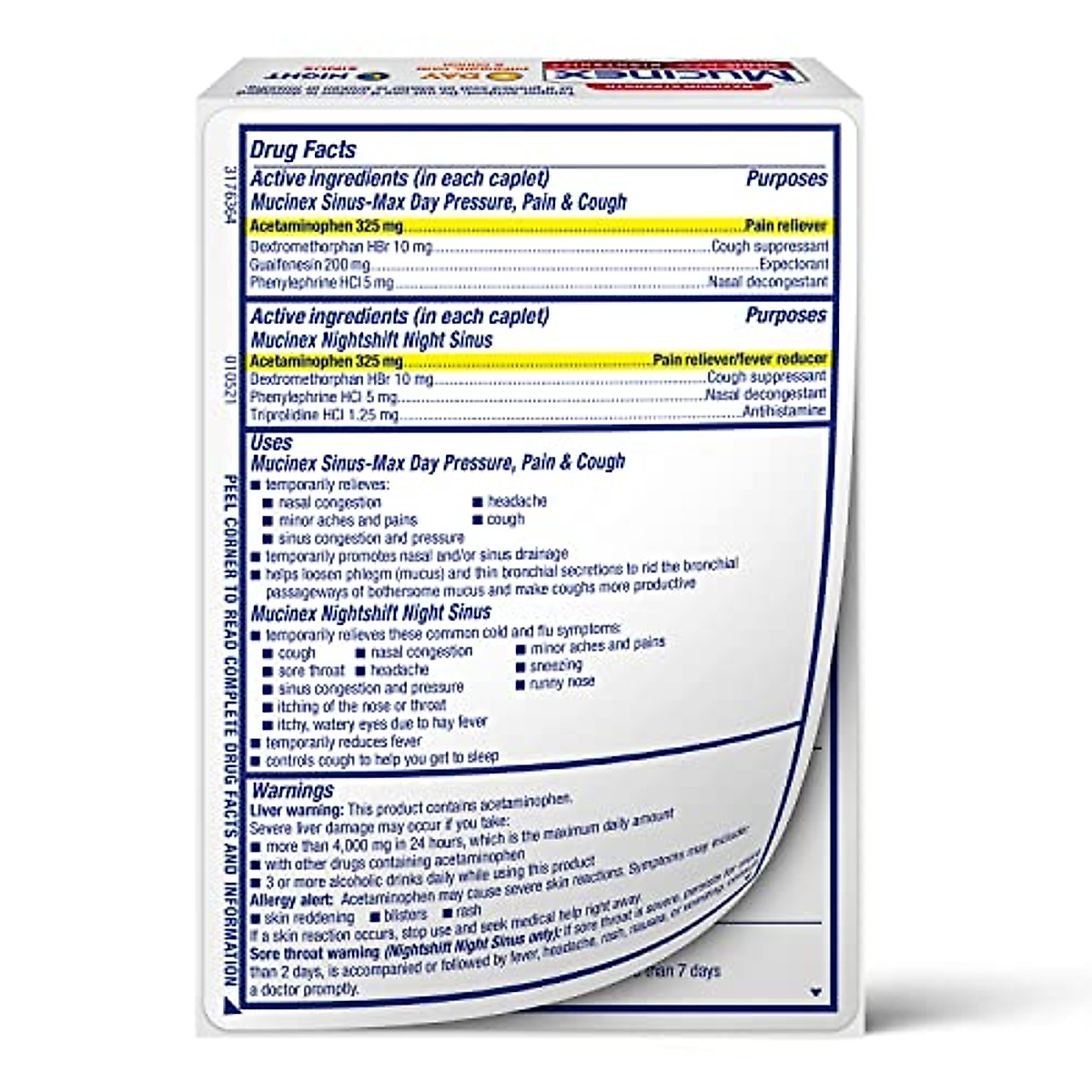 Mucinex Maximum Strength Sinus-Max (Day) Pressure, Pain & Cough & Nightshift (Night) Sinus Caplets, Fast Release, Powerful Multi-Symptom Relief, 20 caplets (12 Day time + 8 Night time)