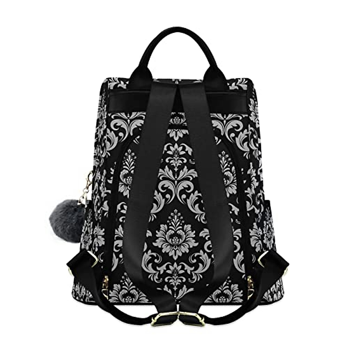 Dark Grey Baroque, Retro Damask Floral Pattern on Black Women Daypacks Ladies Backpack Purse Casual Shoulder Bag Knapsack College Schoolbag Sitting Rucksack Students Bookbag