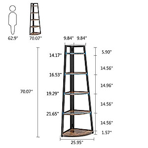 Tribesigns 70 inch Tall Corner Shelf, 5 Tier Rustic Corner Bookshelf Bookcase Industrial Corner Ladder Shelf Plant Stand for Living Room, Kitchen, Home Office (Brown)