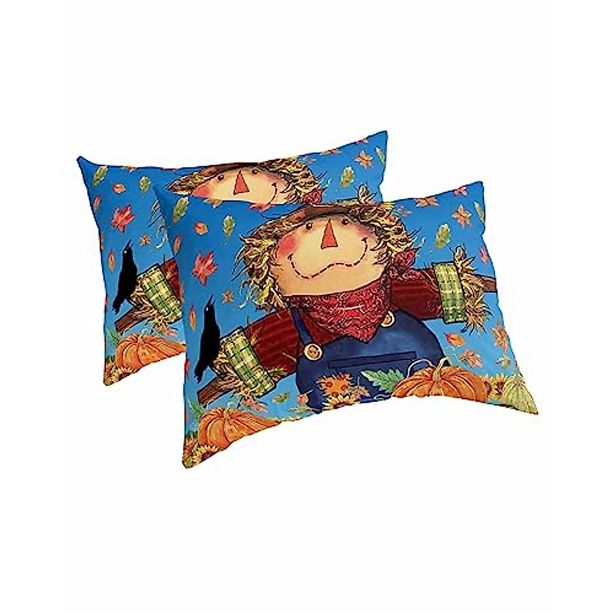 Edwiinsa Fall Scarecrow Pillow Covers King Standard Set of 2 Bed Pillow, Autumn Pumpkin Maple Leaves Blue Plush Soft Comfort for Hair/Skin Cooling Pillowcases with Envelop Closure 20''x36''
