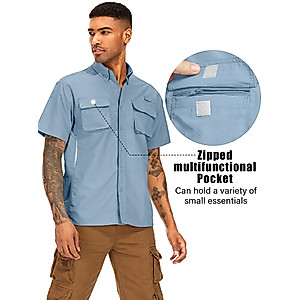 mosingle Men's Fishing Shirts with Zipper Pockets UPF50 Sun Protection Safari Cool Short Sleeve Button Down Shirts Hiking(5018,Blue-L)