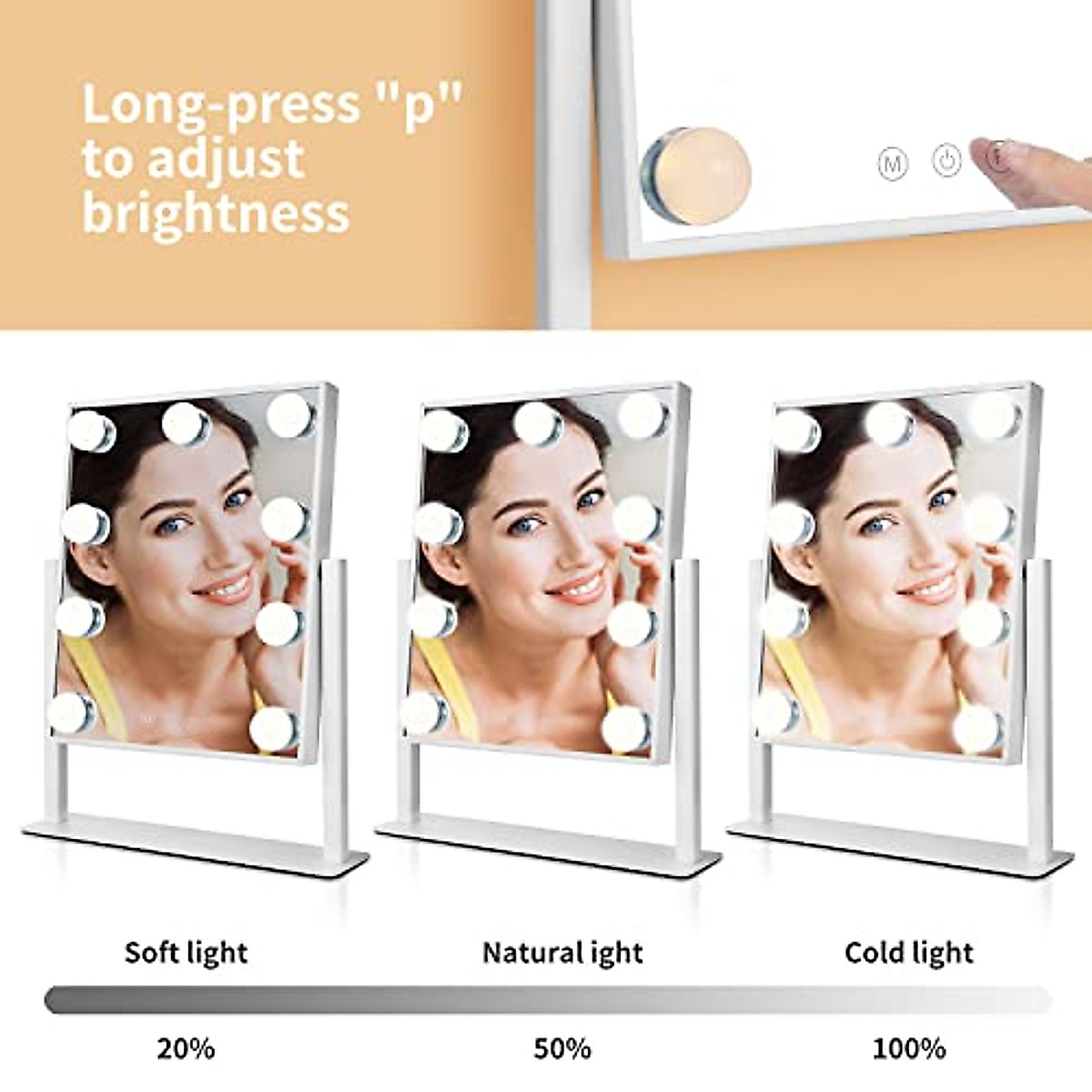 MiroFan Vanity Mirror with Lights Hollywood Mirror Lighted Makeup Mirror with Dimmable&3 Color Modes Lights, 9 LED Bulbles with Detachable 10X Magnification Mirror Lighted Makeup Mirror