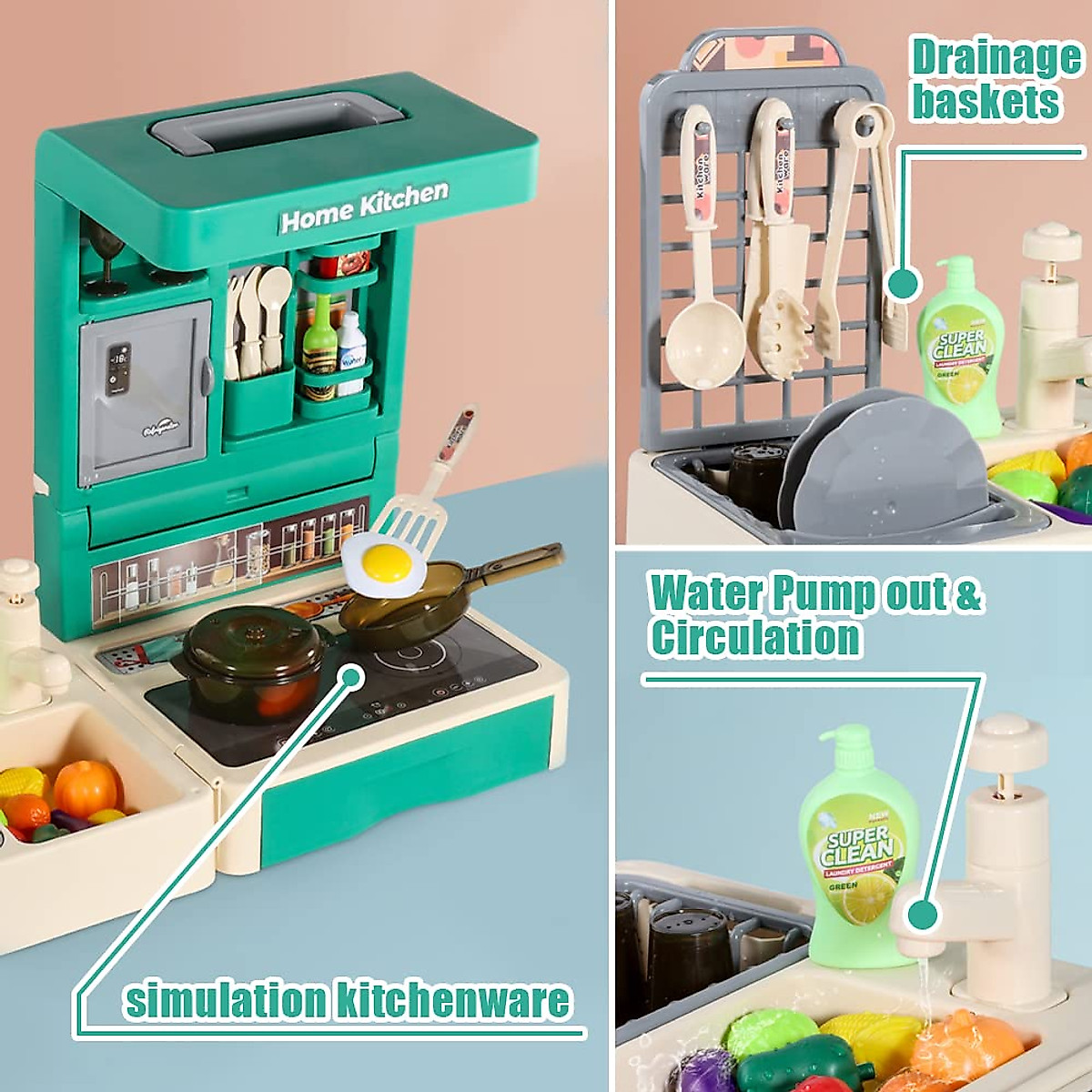 Aikitub Kitchen Play Set for Kids - 49PCS Pretend Cooking Playset Accessories with Pot and Pan,Dish Rack,Play Sink,Pretend Play Food Toys with Baby&Toddler-Educational Gift for 3 4 5 6 Ages Girls&Boys