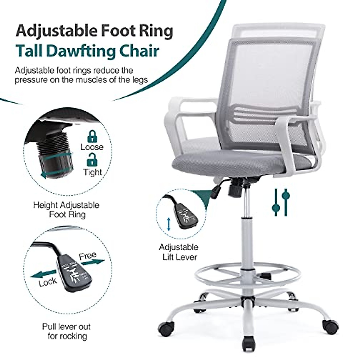 SMUG, Ergonomic Tall Standing Desk Adjustable Foot Ring Drafting Stool Counter Height Office Chairs, Grey