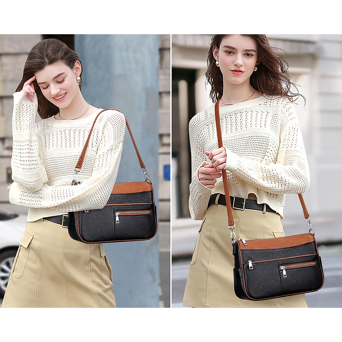 Over Earth Genuine Leather Shoulder Bag Small Crossbody Handbags for Women Ladies Purse(O131E Black/Brown)