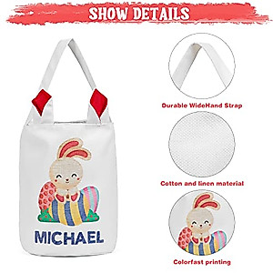 Customized Name Canvas Tote Bag Bunny Printed Easter Basket, Egg Hunt Easter Bags with Rabbit Ears for Kids Boys Girls First Easter Party Decorations Favors Gifts, Cute Easter Basket