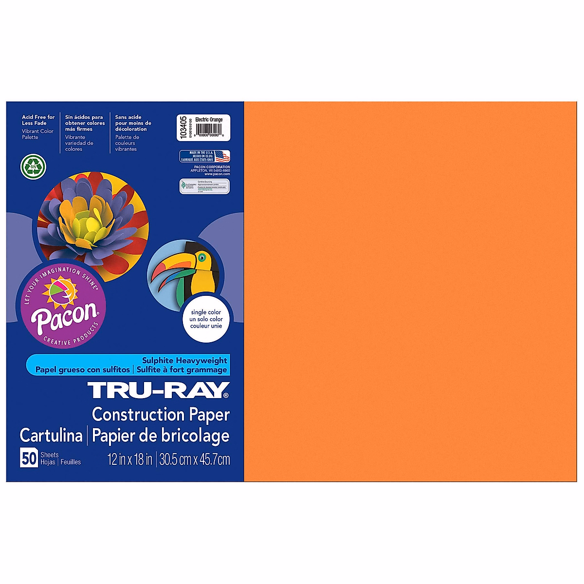 Tru-Ray® Construction Paper, Electric Orange, 12" x 18", 50 Sheets Per Pack, 3 Packs