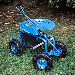 kinbor Garden Cart Rolling Work Seat with Tool Tray Outdoor Utility Lawn Patio Yard Wagon Scooter for Planting with Adjustable Handle 360 Degree Swivel Seat, Blue