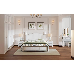 Harper & Bright Designs 3 Pieces Queen Bedroom Sets, Wooden Queen Size Platform Bed with 2 Nightstands, Retro Design Queen Bedroom Furniture Sets, Easy to Assemble (White)