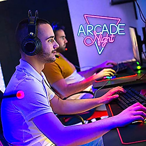 Looklight Arcade Night Neon Sign Game Room Decor,Light Blue Pink Led Neon Sign for Game Room USB Powered Led Sign Wall Decor for Room Party Gift， Aesthetic Room Decor,Arcade Decor,Gamer Room Decor