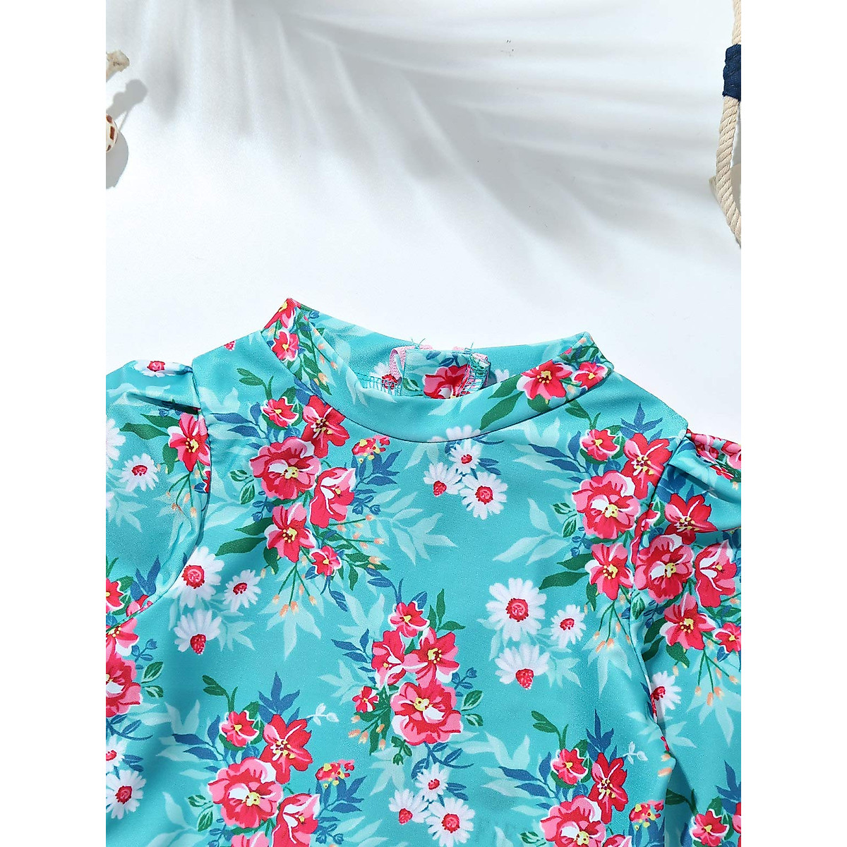 Moily Infant Baby Girls Long Sleeve Floral Ruffles One Piece Swimsuit Rash Guard Shirts Bathing Suit Blue 6-12 Months