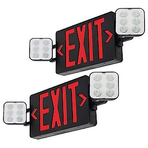 LFI Lights | UL Certified | Hard Wired | LED Exit Light Combo | 180° Adjustable Head Lamps | Black Housing | Red Lettering | 2 Pack | COMBOLGRBBBx2