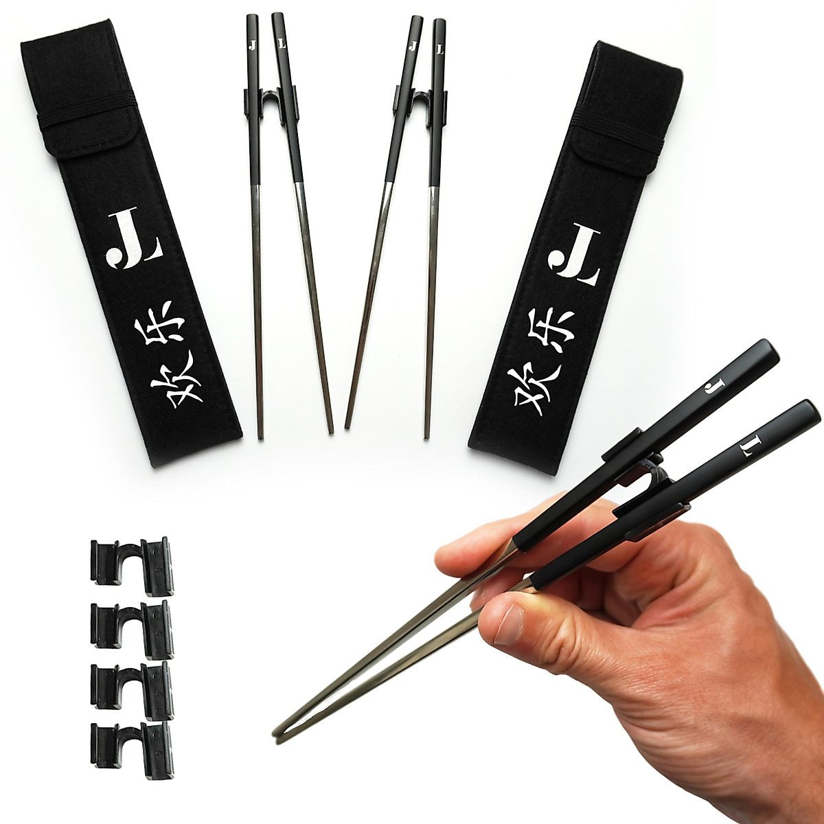 Jean Lemond: Introducing The Sushi Sticks - 2 Pairs Of Reusable Helper Chopsticks - Perfect Practice For Beginners - Metal Training Tool With Case Great For Adults & Kids (Crisp Black, 2pcs)