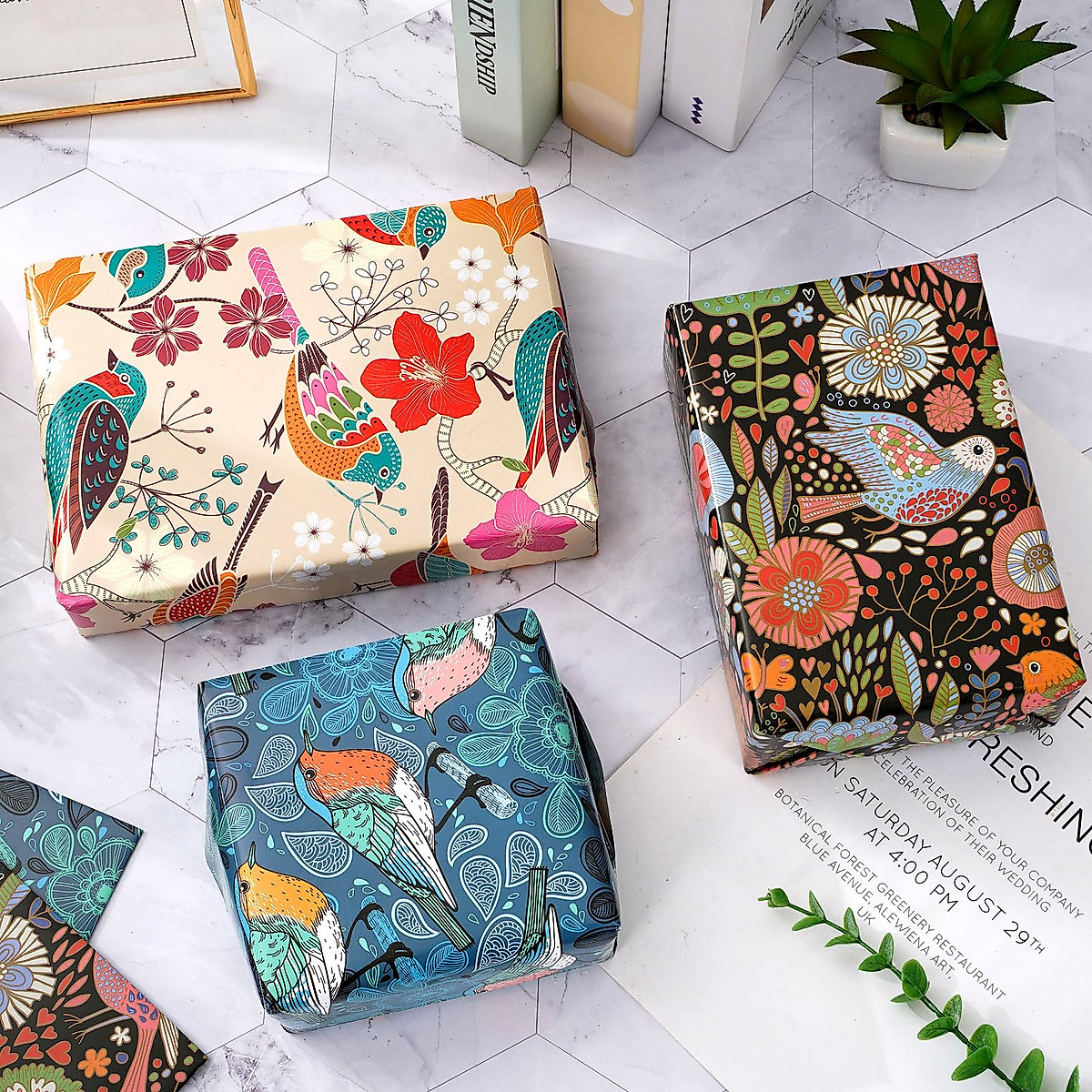 Generic AnyDesign 12 Sheets Vintage Floral Wrapping Paper - Not Roll - Retro Bird Flower Gift Wrap Paper Bulk Folded Flat 4 Designs DIY Craft Art Paper for Wedding Birthday Baby Shower Party Supplies