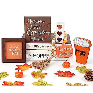 Fall Table Decor, Farmhouse Fall Home Decor Set with 3 Heart Blocks, 3 Wooden Signs and Wood Bead Garland for Tiered Tray, Shelf and Mantle - Fall Decorations for Home (Tray not Included)