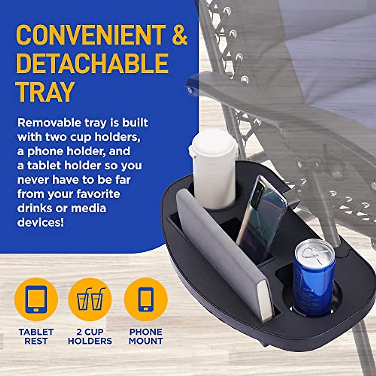 SereneLife Foldable Outdoor Zero Gravity Padded Lawn Chair, Adjustable Steel Mesh Recliners, w/Removable Pillows and Cup Holder Side Tables, One Size, Blue and Black