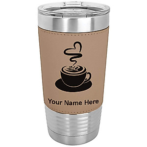 LaserGram 20oz Vacuum Insulated Tumbler Mug, Cup of Coffee, Personalized Engraving Included (Faux Leather, Light Brown)