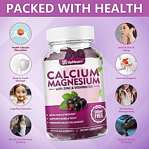 Calcium Magnesium Zinc with Vitamin D3 Supplement, Sugar Free Calcium Gummies for Women Men, High Absorption Zinc Gummies for Bone & Muscle & Immune Health, Vegan Elderberry Flavor - 60 Count