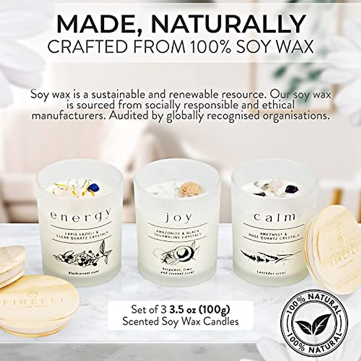Firefli Crystal Candles 3-Piece Crystal Candle Set with Wood Lids & Dried Flowers | Candles Gifts for Women | 3.5oz Manifestation Candles with Crystals Inside | Soy Wax Scented Luxury Candles