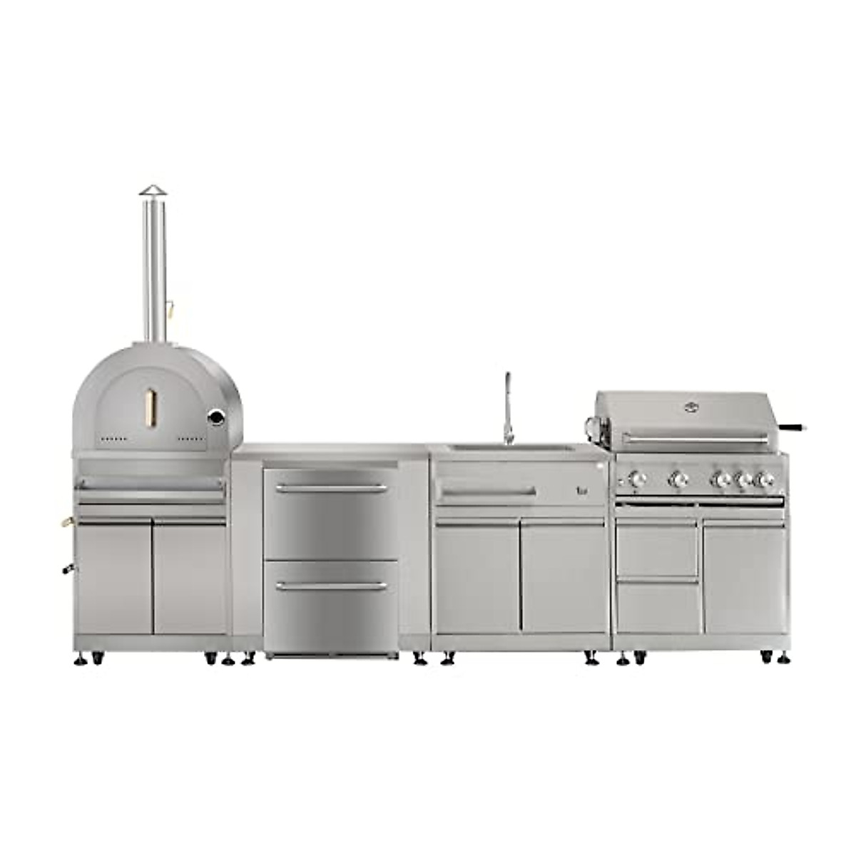 SINDA 6 Piece Modular Outdoor Kitchen Suit, w/Pizza Oven, 4 Burner Natural Gas Grill, BBQ Grill Cabinet, 24" Undercounter Refrigerator, Fridge Cabinet, Sink Cabinet (w/Natural Gas Kit)
