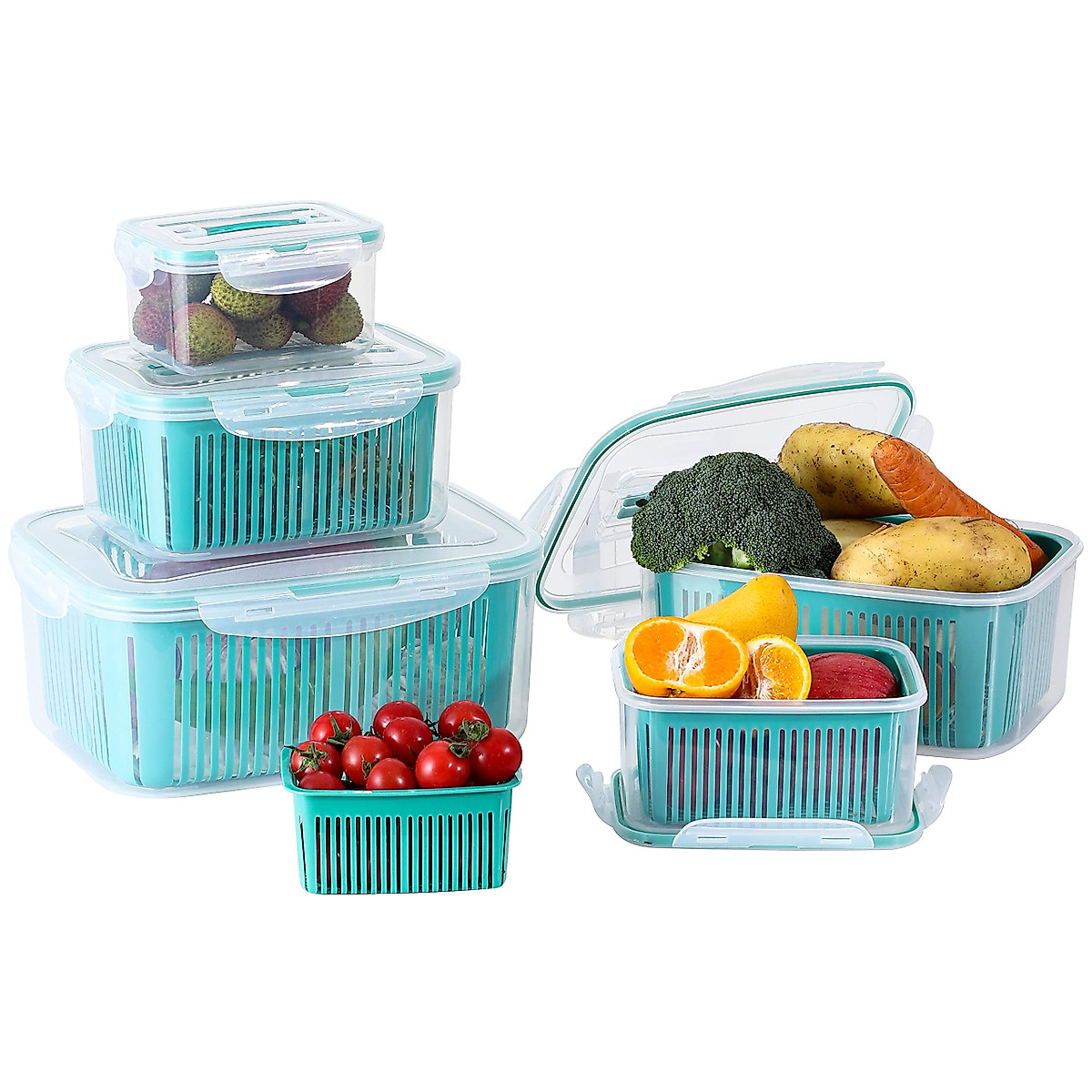 PENGKE Fruit Storage Containers for Fridge 5 Pack Plastic Fresh Produce Saver Refrigerator Organizer with Lids and Drain Colanders for Salad Berry Vegetables Meat Storage