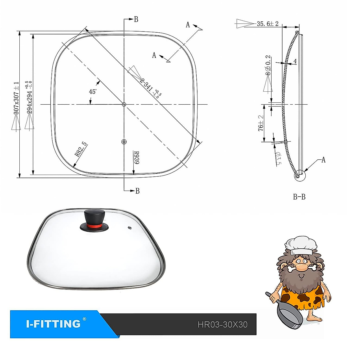 Square Glass Lid 12'', Clear Tempered Glass Vented Square Pan Lid, Replacement Cookware, Frying Pan Cover by IFITTING,1Pack, inner diamater 11.56'' outer diameter 12''