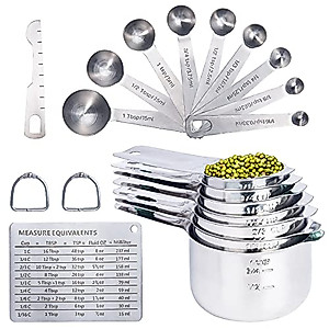 20PCS Measuring Cups and Measuring Spoons Set, Food-Grade Stainless Steel Measure Cup Set for Cooking Baking Measurement, Including 7 Cups, 9 Spoons, Level, Magnetic Chart, Stackable Measuring Set