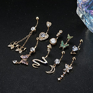TEN MIRO 14G Dangle Belly Button Rings for Women 316L Stainless Steel Snake Evil Eye Heart CZ Pink Belly Button Rings Cute Butterfly Navel Rings Belly Piercing Jewelry(Green Butterfly-Gold)