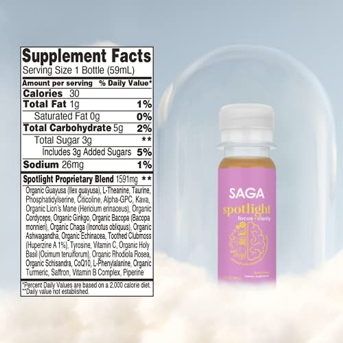 SAGA Spotlight Mushroom Energy Shots, Nootropic & Adaptogen Brain Focus, Cognitive Supplement Functional Beverage with Organic Lion’s Mane, Cordyceps, Gingko and Bacopa, Vegan, Exotic Guava, 6 Pack