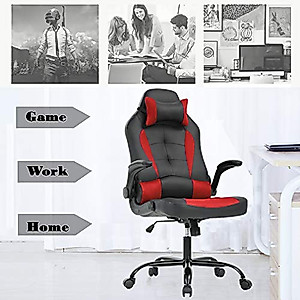 BestOffice PC Gaming Chair Ergonomic Office Chair Desk Chair with Lumbar Support Flip Up Arms Headrest PU Leather Executive High Back Computer Chair for Adults Women Men (Red)