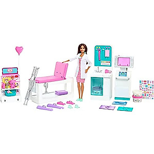 Barbie Fast Cast Clinic Doll & Playset, Brunette Doctor Doll, Furniture & 30+ Accessories Including Molds & Dough for Bandages