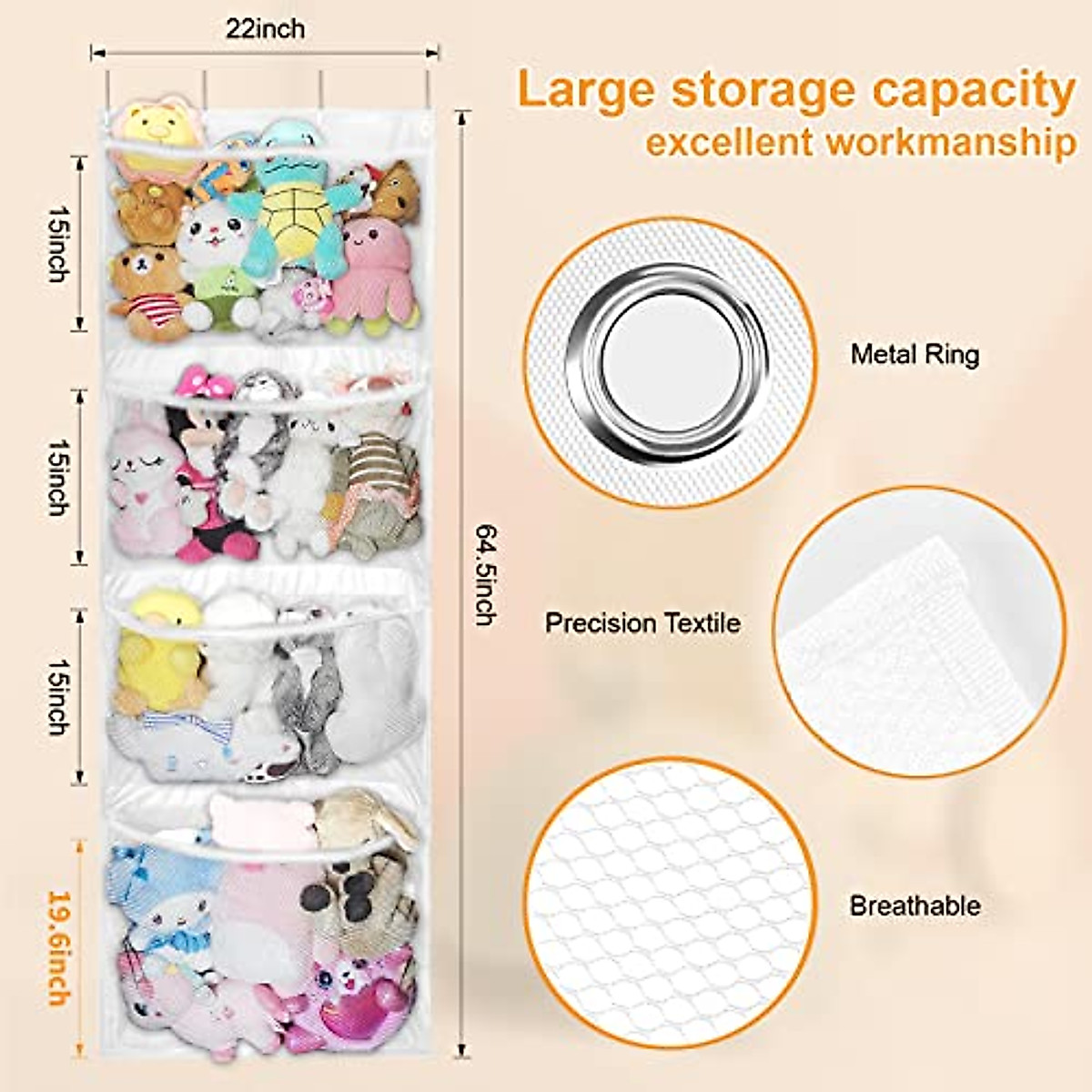 Adgoaler Stuffed Animal Storage, Over Door Stuff Animals Organizer with 4 Large Pockets for Kids Plush Stuffies, Hanging Toy Plush Storage for Nursery, Bedroom, Easy Installation (White)