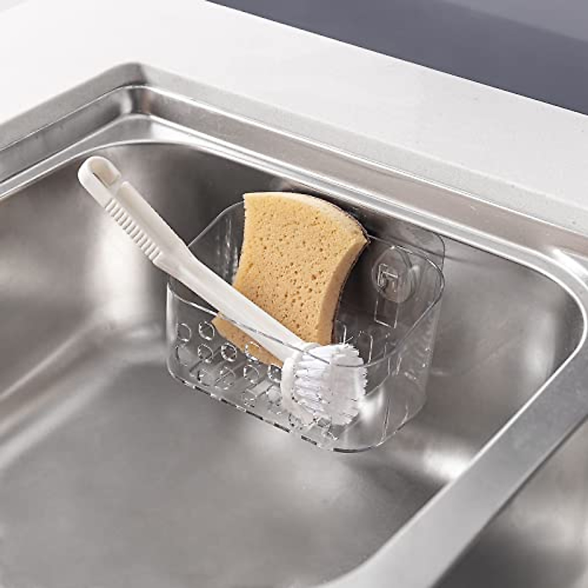 Ettori Sponge Holder Sink Caddy, Plastic Kitchen Sink Organizer Clear Sponge Holder for Kitchen Sink, Bathroom- No Drilling
