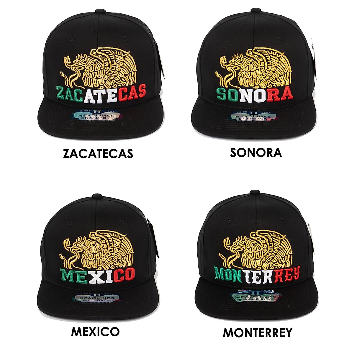 Mexican Hat Mexico State Federal Name Embroidered Snapback Flat Bill Baseball Cap (State-Monterrey) Black