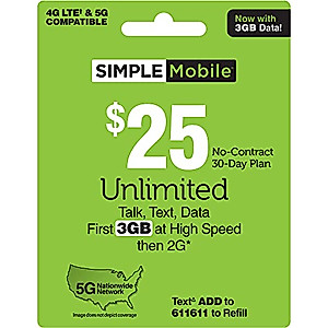 SIMPLE Mobile $25 Unlimited Talk,Text&Data (3GB High–Speed)[Physical Delivery]