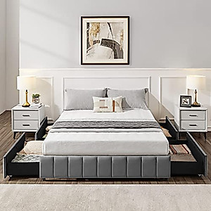 Yaheetech Platform Bed Frame with 4 Storage Drawers, Upholstered Bed Frame with Strong Wooden Slats/Mattress Foundation/No Fixed Headboard/No Box Spring Needed/Large Storage Space,Dark Grey-Full