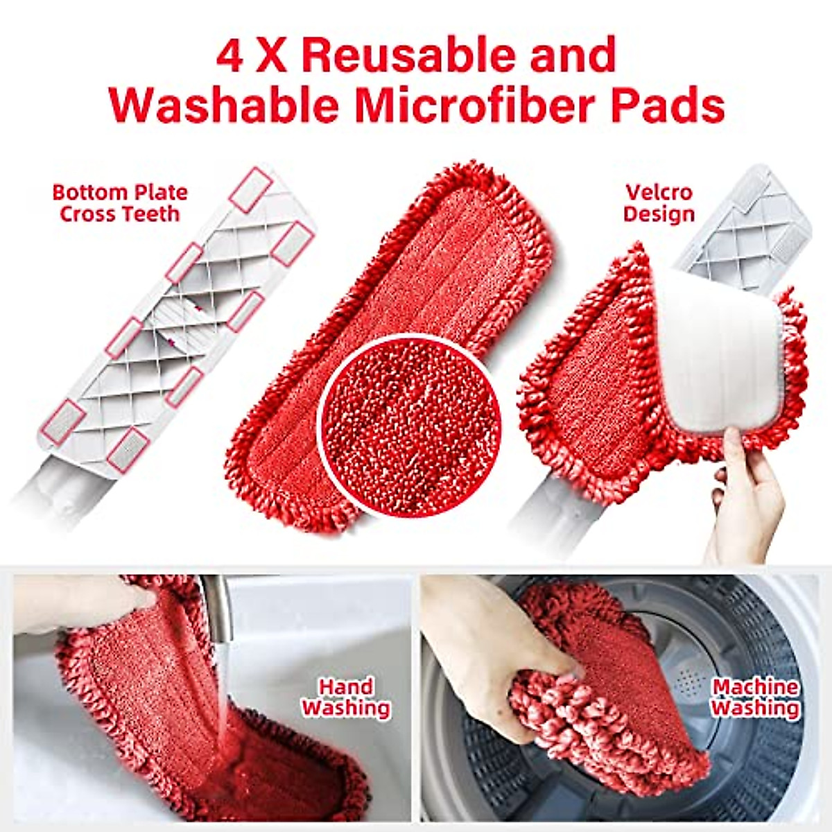 DDSNTY Mops,Spray Mops for Floor Cleaning,Spray Mop with Washable Pad,Kitchen Dry & Wet Mop with 410ML&300ML Refillable Bottle 4 Reusable Washable Pads for Hardwood Laminate Wood Tiles Floor Red…
