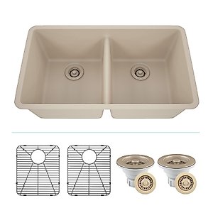 32" x 19" Quartz Kitchen Sink, 50/50 Double Bowl Kitchen Sinks, Drop-in Sink, Undermount Sink, Galaxy Beige Kitchen Sink, Double Sink Kitchen, Grids, Strainer and Flange, Lexicon Platinum LP-5050-B