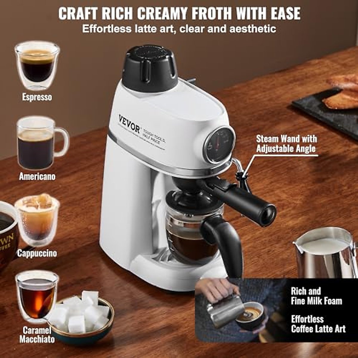 VEVOR Espresso Machine, 3.5 Bar Espresso Maker with Milk Frother Steam Wand, 4-Cup Professional Coffee/Espresso Machine with Temp Gauge for Latte Cappuccino, NTC Control System