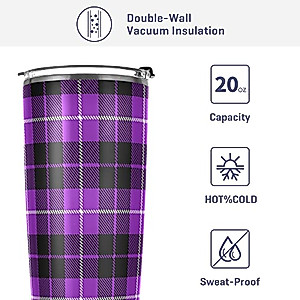 20oz Tumbler Bottle with Lid and Straw Purple Black Tartan Plaid Insulated Coffee Ice Cup Vacuum Stainless Steel Shaker Bottle Travel Mug Water Cup Gifts