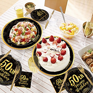 144PCS 50th Birthday Plates and Napkins Birthday Party Tableware Birthday Party Supplies 50th Birthday Party Decorations for Men Women 50th Birthday Paper Plates Napkins Cups Fork and Knives Serve 24
