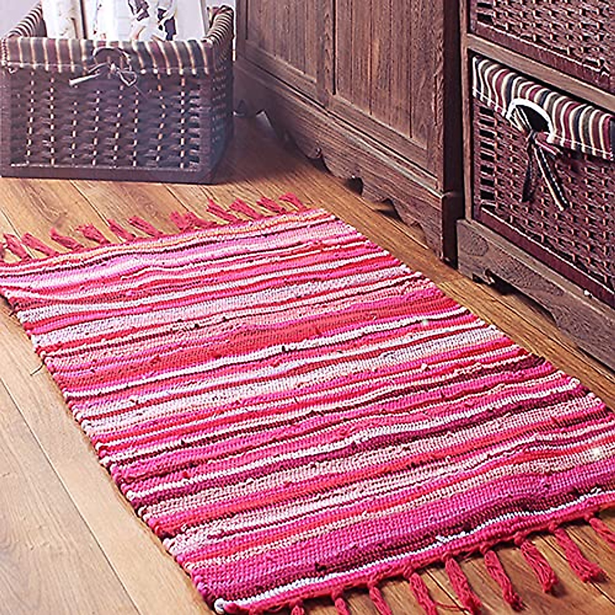 Poowe Cotton Handmade Reversible Chindi Rag Rugs,Multi Color Hand Woven Striped Area Bath Rug Mat Carpet with Tassels Machine Washable,for Laundry Room Kitchen Livingroom Hallway Entryway 20" x 31.5"