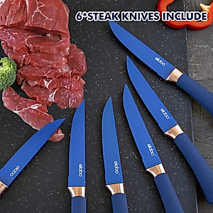 elabo Kitchen Knife Set - 16 Pieces Stainless Steel Knives, Rose Gold Handle Includes 6 Sharp Knives, 6 Serrated Steak Knives, Scissors, Peeler, Knife Sharpener with Block, Blue