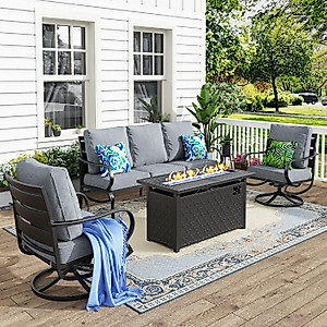 MFSTUDIO 4 Pieces Patio Conversation Sets,Outdoor Metal Furniture Sofas with 1 x 45 Rectangular Propane Fire Table,1 x 3-Seat Sofa, 2 x Swivel Chairs,Grey Cushion