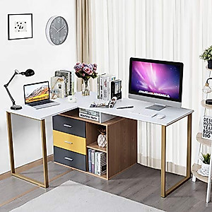 Tangkula 87 inch 2-Person Desk with 3 Storage Drawers & Shelves, Large Computer Desk, Multifunctional L-Shaped Desk Writing Desk Computer Workstation with Spacious Desktop, Home Office Desk