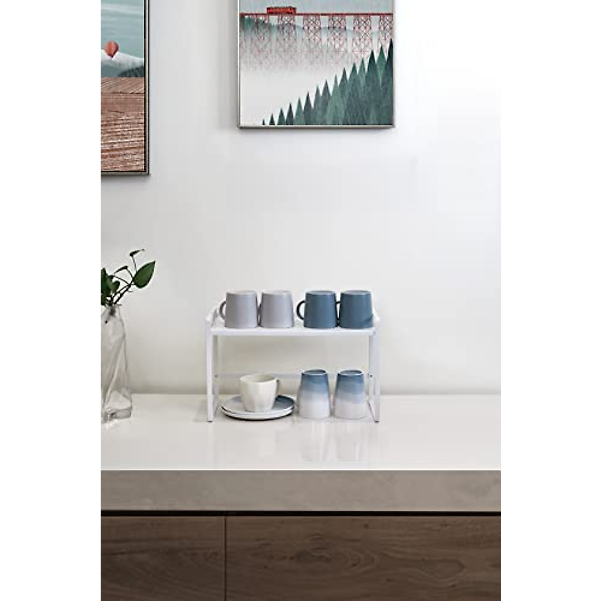 Nxconsu 2Pack Cabinet Shelf Organizer Storage Rack Shelf Riser for Kitchen Pantry Cupboard Bathroom Under Sink Counter Countertop Desk Space Saver Freestanding Heavy Duty Nonslip Leak White