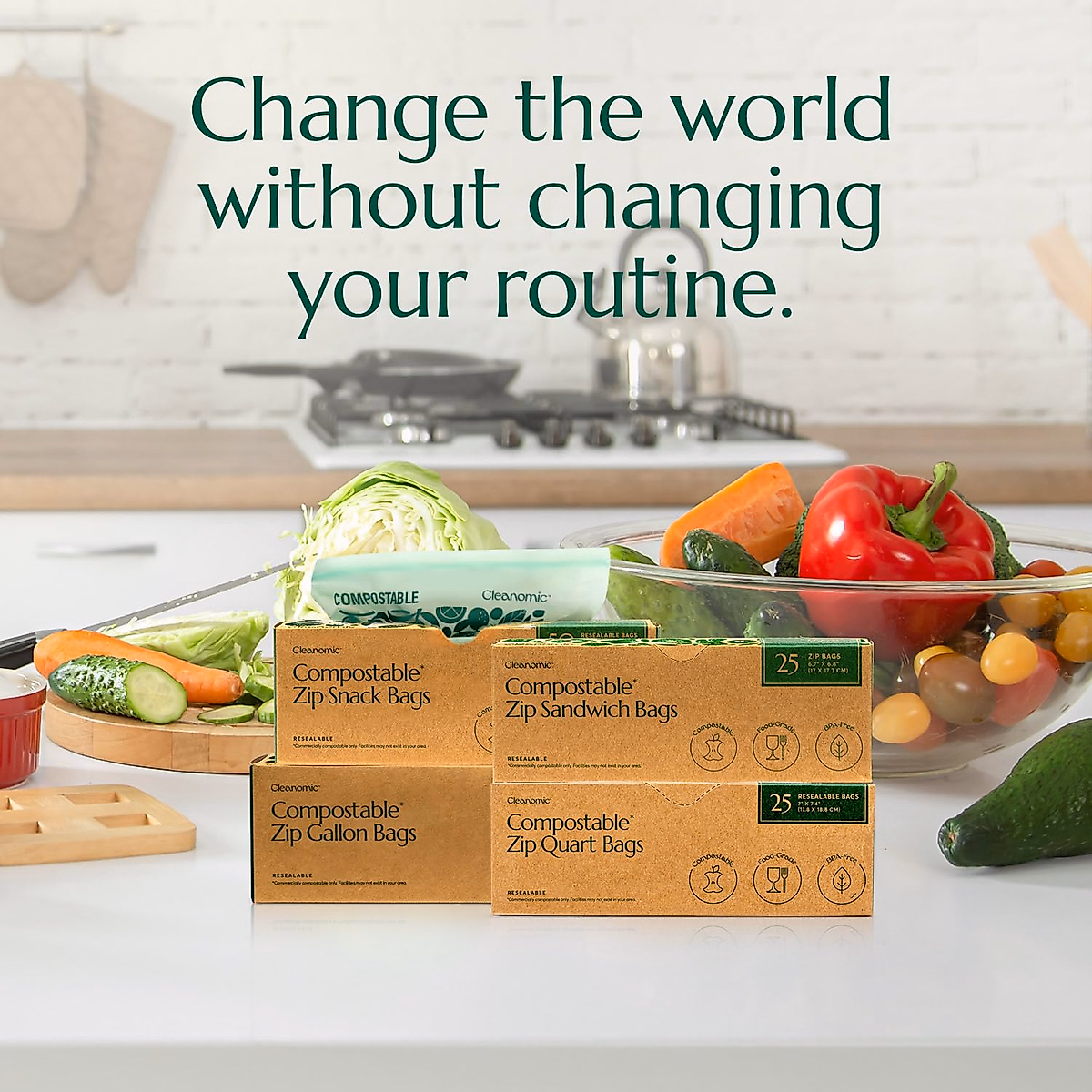 Cleanomic Compostable* Food Storage Bag Bundle – 1 Box Each of 25 Zip Quart Bags, 25 Zip Sandwich Bags, 50 Zip Snack Bags, and 25 13-Gallon Kitchen Waste Bags